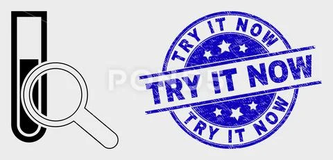Vector Outline Explore Test-Tube Icon and Scratched Try It Now Stamp ...