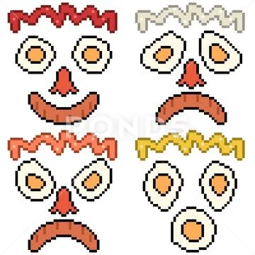 Vector pixel art set breakfast face: Graphic #79134025