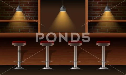 Vector realistic bar, pub interior with brick walls, wooden counter ...
