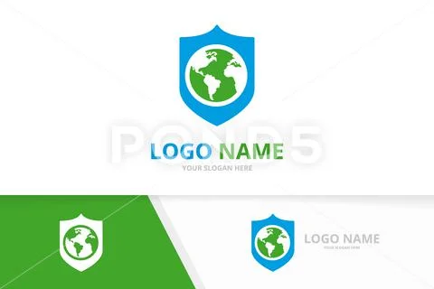 Vector shield and world logo combination. Globe security logotype ...