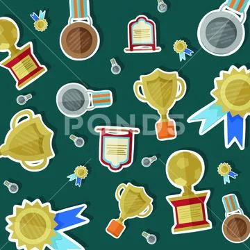 Vector of sports cups, trophies and awards on green background ...