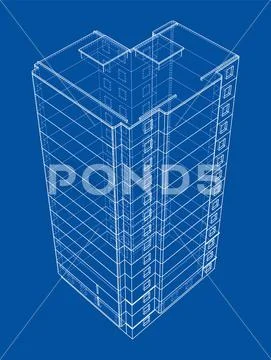 Vector wire-frame model of a multi-storey building Illustration #127695648