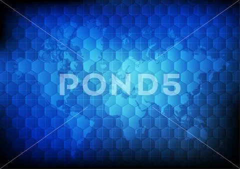 Vector : world map with abstract honeycombs on blue background: Graphic ...