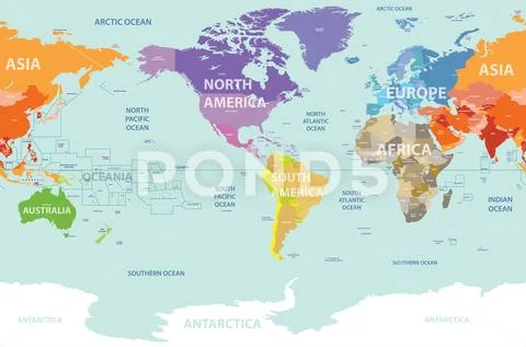 Vector world map colored by continents and centered by America ~ Clip ...