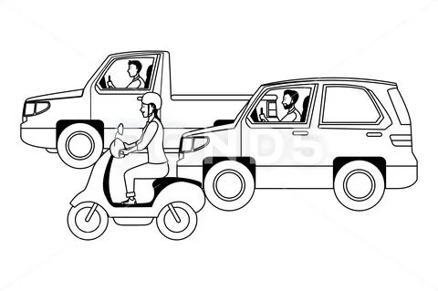 Vehicles and motorcycle with drivers riding in black and white: Graphic ...