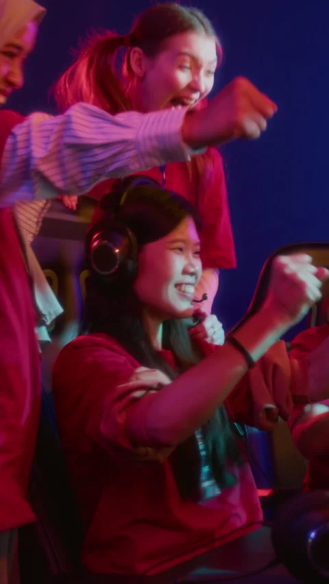 Vertical of Diverse Gamer Girls Cheering... | Stock Video | Pond5