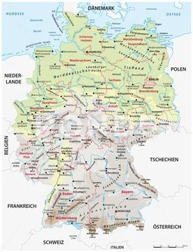 Very detailed physical and administrative map of Germany with German ...