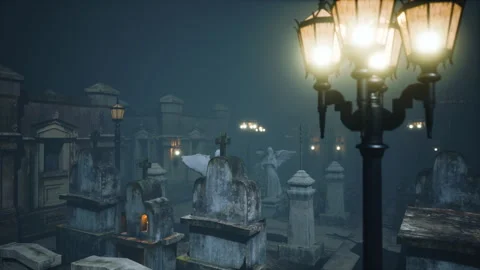 Very old misty and creepy graveyard in f... | Stock Video | Pond5