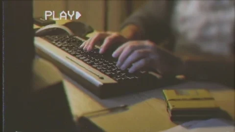 VHS man PC keyboard typing broken | Stock Video | Pond5