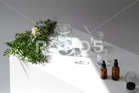 Vials, glass laboratory flasks on the table. Stock Image #145389606