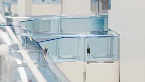 Vials moving one by one in an automated ... | Stock Video | Pond5