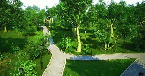 Vibrant green park with winding pathways... | Stock Video | Pond5