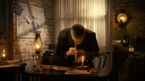 Victorian detective looking through a mi... | Stock Video | Pond5