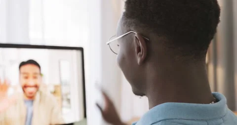 Video call, wave and black man on comput... | Stock Video | Pond5