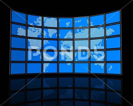 Video wall of flat tv screens with world map 3D video wall of flat tv ...