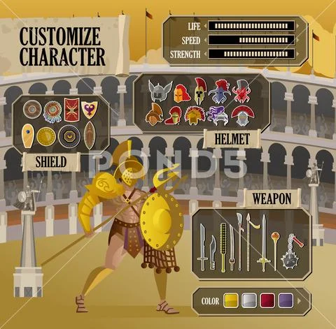Videogame ui customize gladiator character screen: Royalty Free #132607542