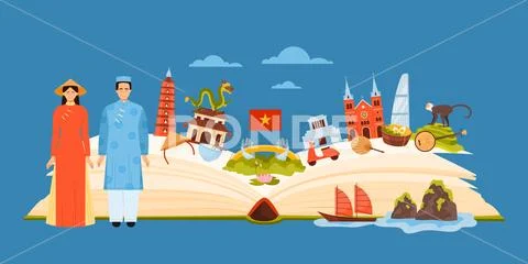Vietnamese culture elements, food and famous landmarks of Vietnam in ...
