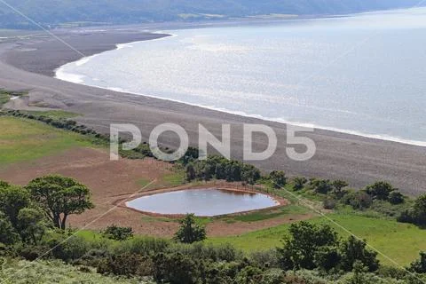 A view of the bay at Bossington in Somerset taken from high up at ...