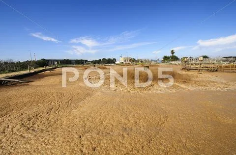 View of brown sludge treatment pool at sewage treatment plant Stock ...