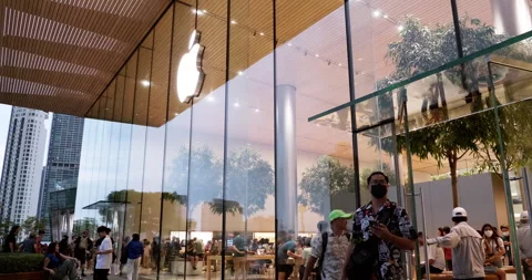 View front of Apple store shop at the IC... | Stock Video | Pond5