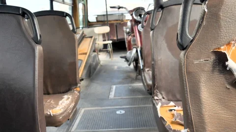 View of the inside of an abandoned bus | Stock Video | Pond5