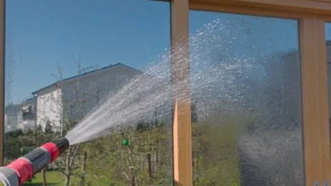 View of wetting facade windows with wate... | Stock Video | Pond5