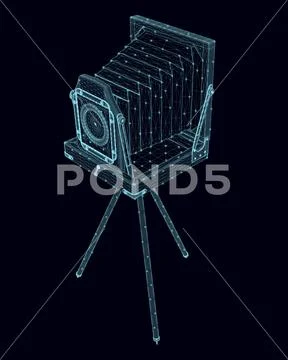 Vintage camera wireframe from blue lines isolated on dark background ...