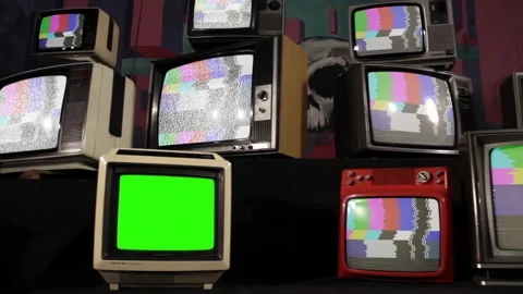 Vintage TVs with Color Bars and One Retr... | Stock Video | Pond5