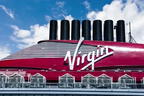 Virgin cruise ship logo on ship funnel | Stock Video | Pond5