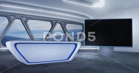 Virtual studio background with a desk and a monitor: Royalty Free ...