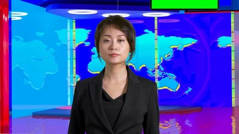 Virtual TV studio with female anchor sus... | Stock Video | Pond5
