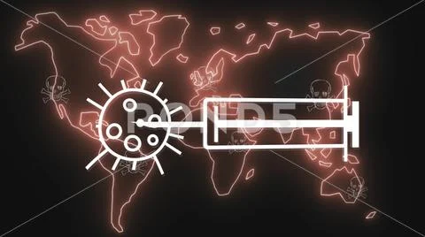 Virus particle with vaccine being injected on a world map background ...