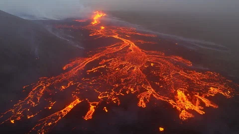 Volcano eruption in 2023, Red burning la... | Stock Video | Pond5