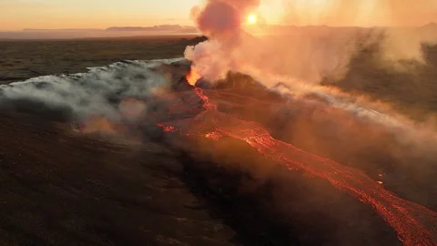 Volcano eruption, branching lava stream.... | Stock Video | Pond5