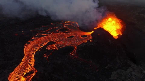 Volcano eruption, branching lava stream.... | Stock Video | Pond5