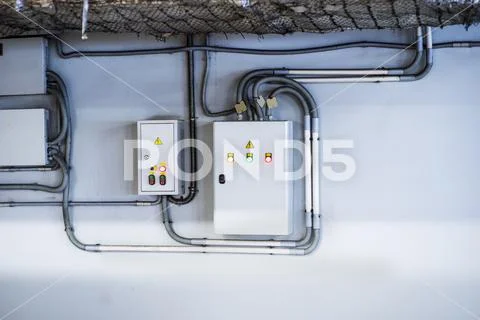 Voltage switchboard with circuit breakers are in the ON and OF ...