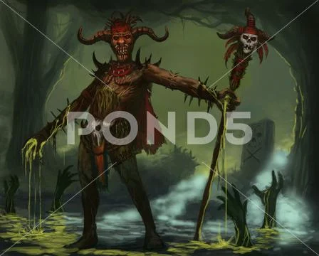 Voodoo zombie lord calling his undead minions from the grave - Digital ...