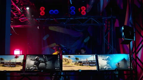 VR games in a studio with blue pink neon... | Stock Video | Pond5