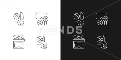 VR helmet usage guide linear manual label icons set for dark and light ...