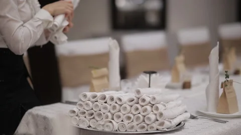 Waiter setting the table in the Banquet ... | Stock Video | Pond5