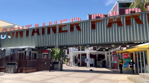 Walking into Container Park establishing... | Stock Video | Pond5