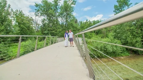 Walking hand-in-hand on a bridge | Stock Video | Pond5