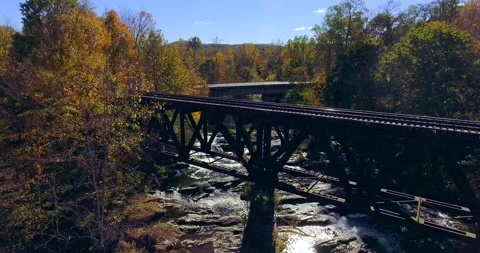 Walloomsac River Fall Foliage trestle br... | Stock Video | Pond5