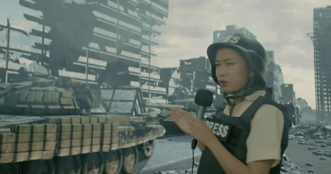 A war reporter female reporting from the... | Stock Video | Pond5