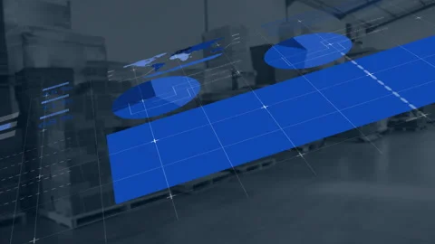 In warehouse, animation with blue graphs... | Stock Video | Pond5