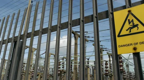 Warning sign at an electricity substatio... | Stock Video | Pond5