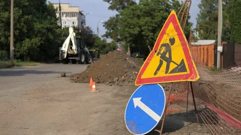 Warning signs on closed road under const... | Stock Video | Pond5