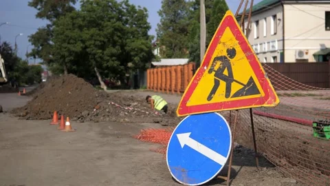 Warning signs for work in progress on cl... | Stock Video | Pond5