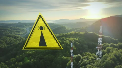 Warning Symbol sign and radio towers, up... | Stock Video | Pond5