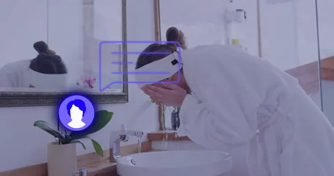 Washing face at sink, woman with digital... | Stock Video | Pond5